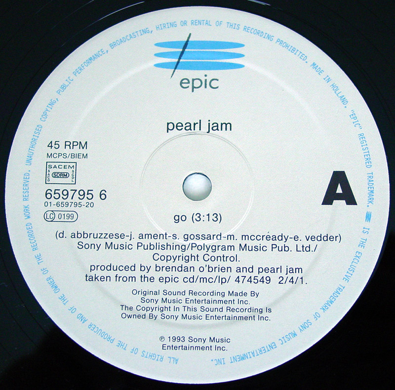 Pearl Jam - Go - 12'' Black Vinyl - Stickered Picture Sleeve - Holland ...